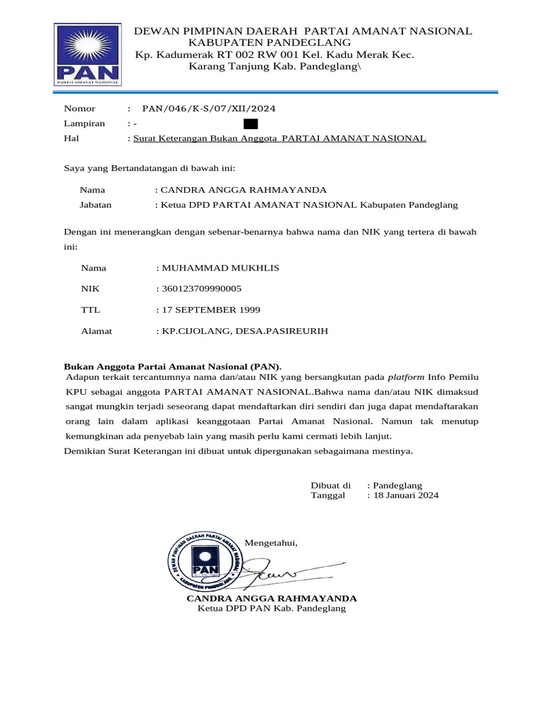Surat Keterangan Bukan Anggota PAN | PDF