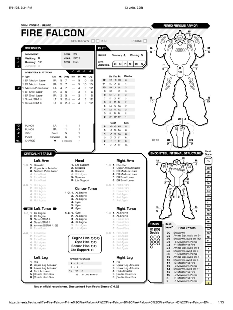 BattleTech Record Sheets (Flechs): Fire Falcon | PDF