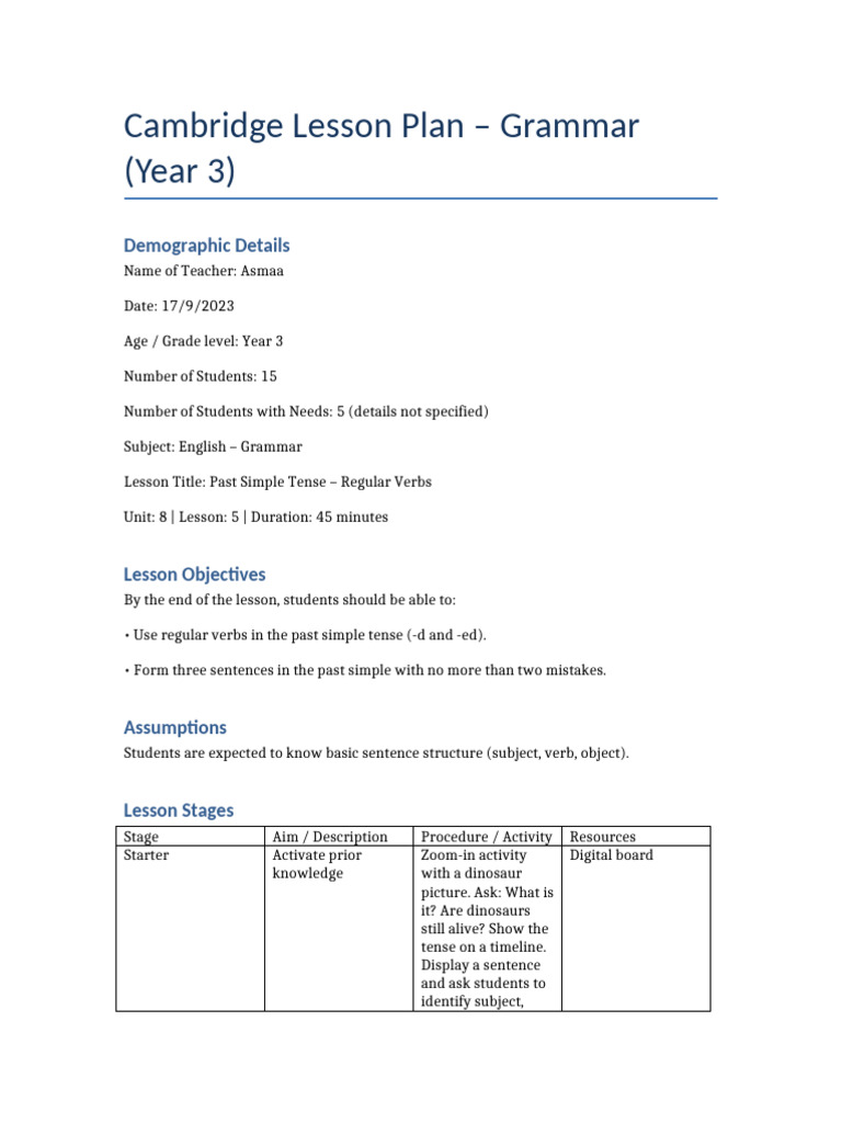 Past Simple Tense Lesson Plan | PDF | Subject (Grammar) | Grammatical Tense
