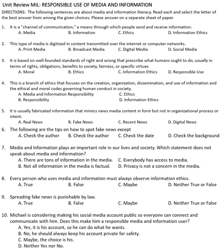 Media and Information Literacy Quiz | PDF | Information | News