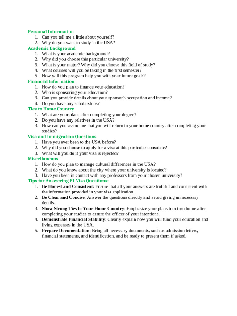 Usa f1 Visa Interview Questions | PDF | University | Travel Visa