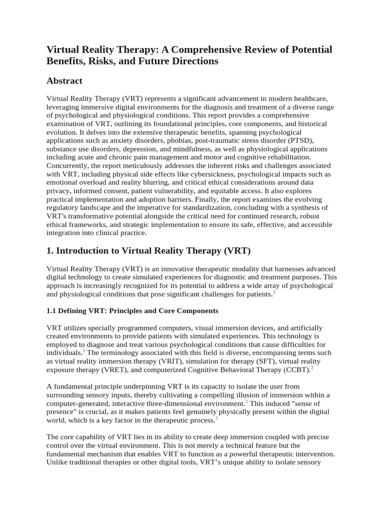 Virtual Reality Therapy: Benefits & Risks | PDF | Pain | Virtual Reality