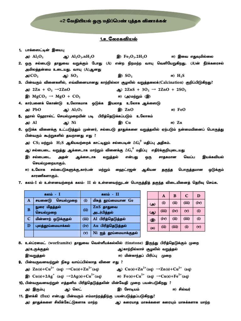 12th Vol I &II Chem(TM) 2023 Book Back One Mark | PDF | Metals | Sets Of Chemical Elements