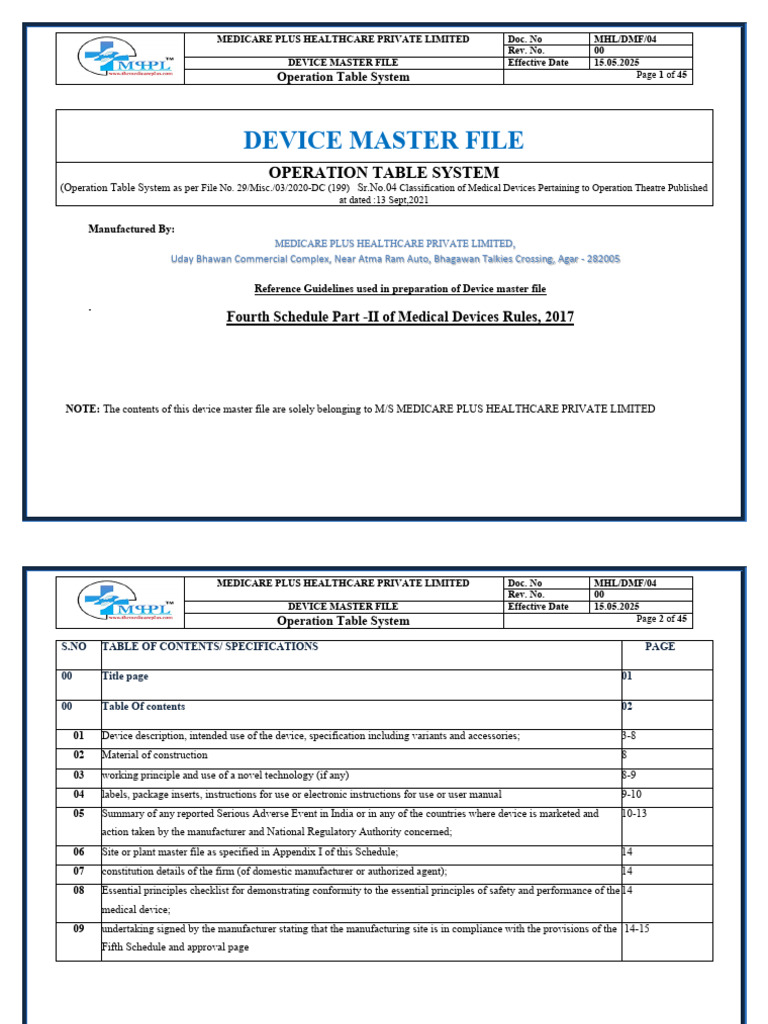 Device Master File: Operation Table System | PDF | Medical Device | Risk