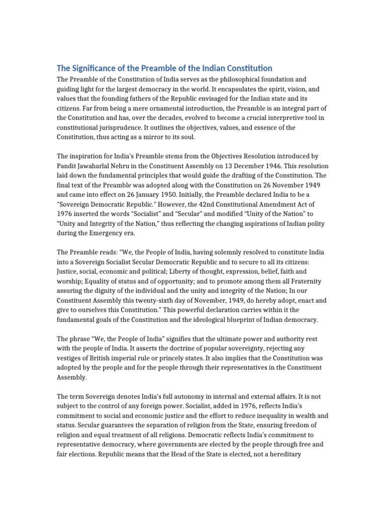 Significance of Preamble Essay | PDF | Government | Justice