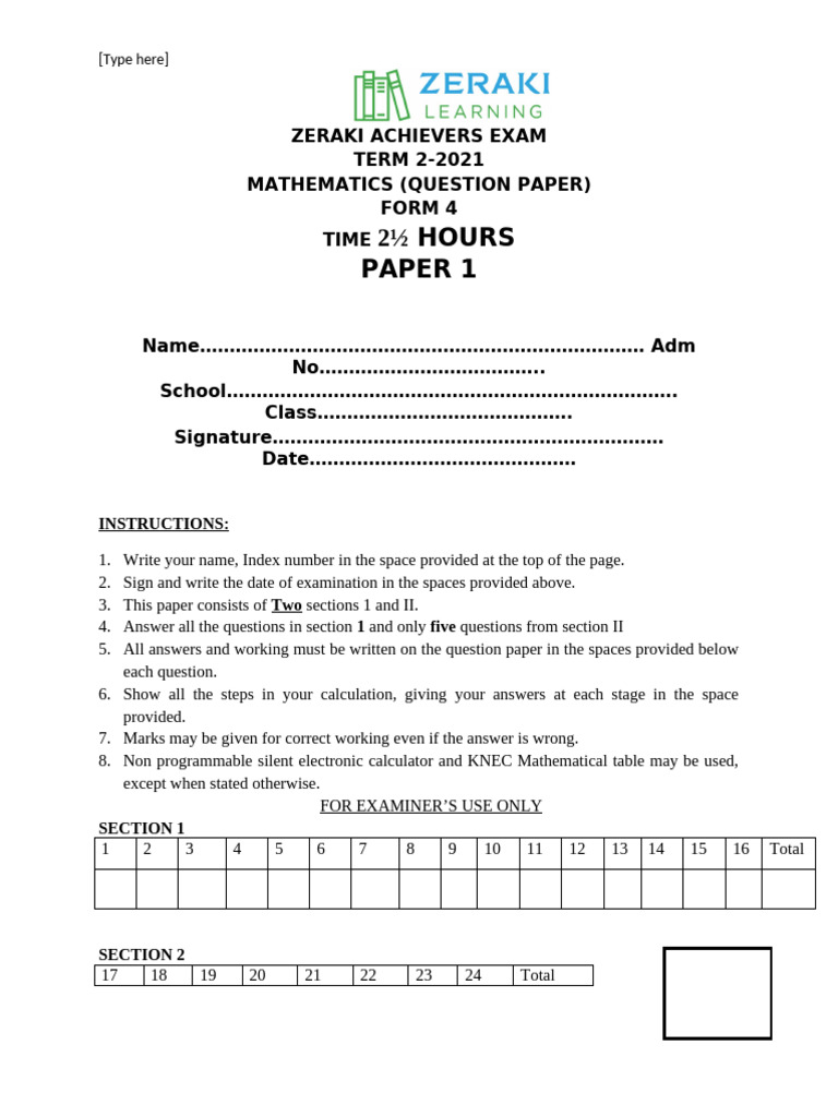 Mathematics Form 4 Paper 1-Zeraki Achievers 4.0 | PDF | Triangle | Circle