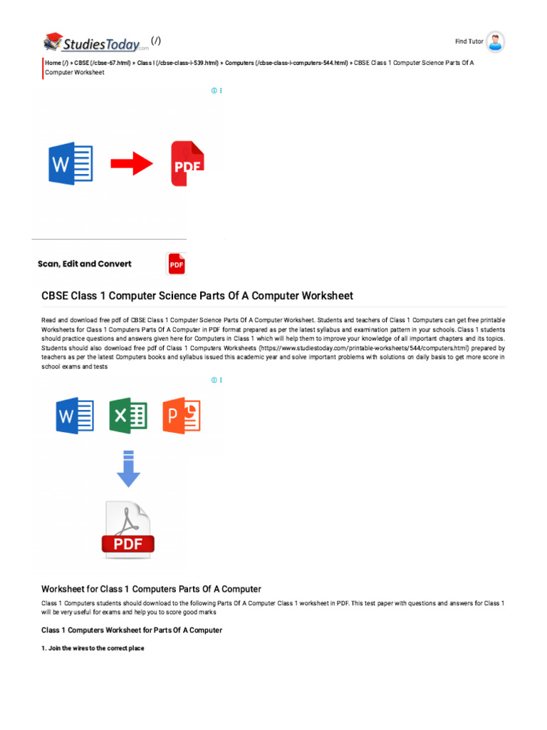CBSE Class 1 Computer Science Parts of A Computer Worksheet | PDF ...