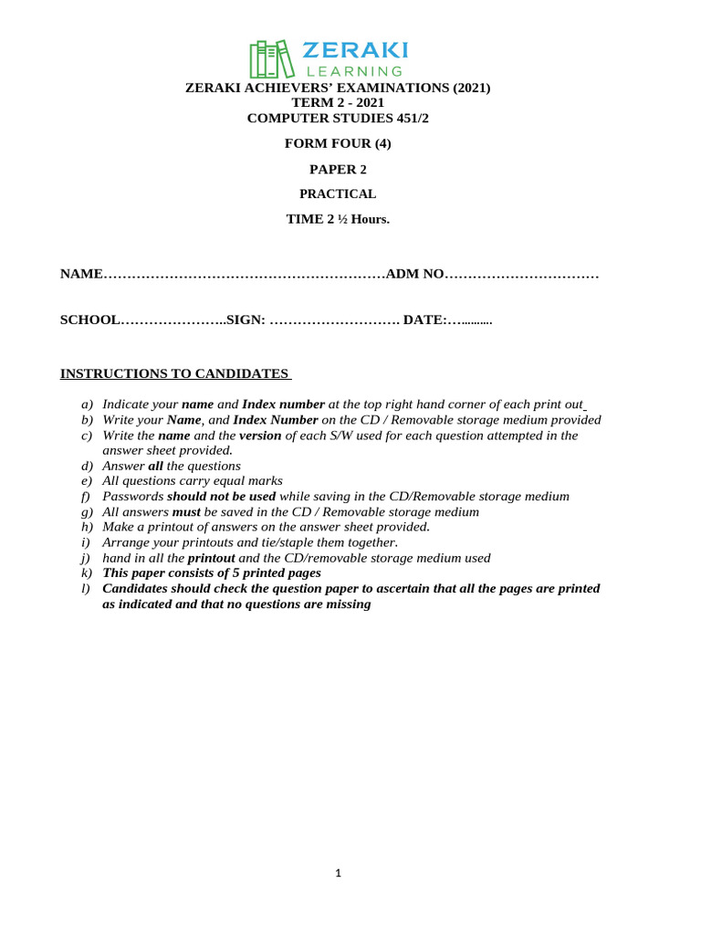 Computer Studies Form 4 Paper 2 - Zeraki Achievers 4.0 | PDF ...