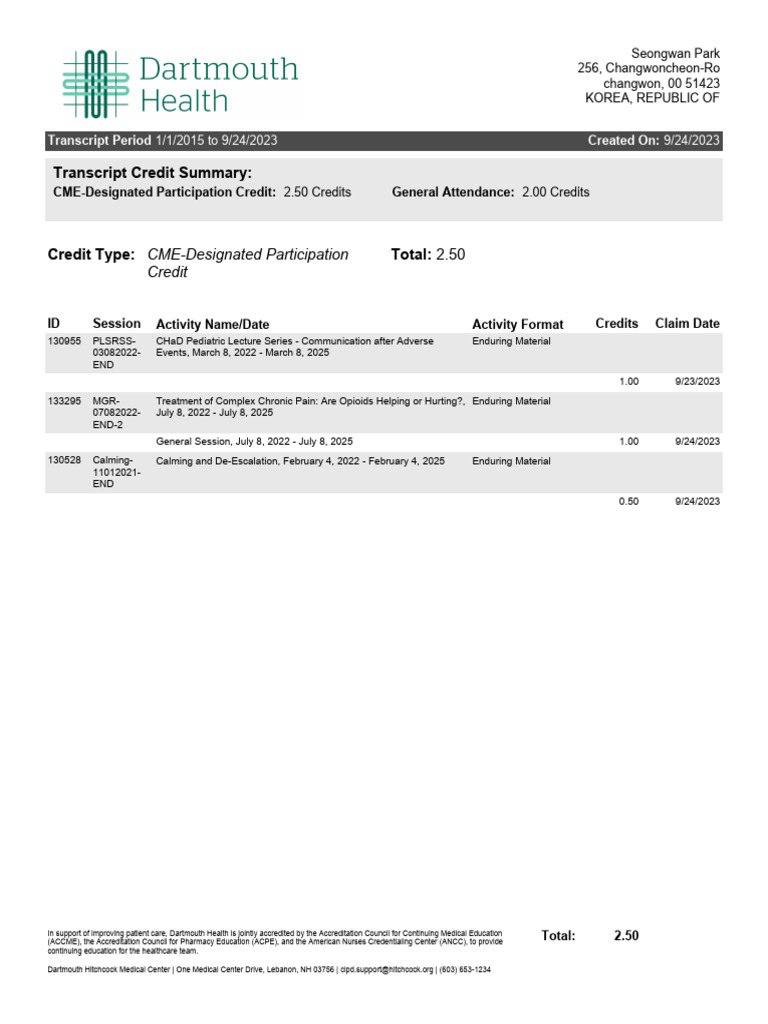 Continuing Education Transcript Summary | PDF | Medical Specialties ...