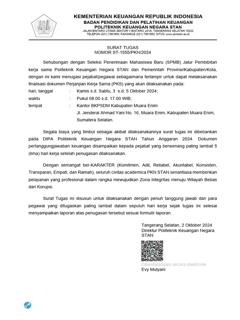 Surat Tugas Kegiatan Finalisasi PKS SPMB Jalur PembibitanTahun 2024pdf ...