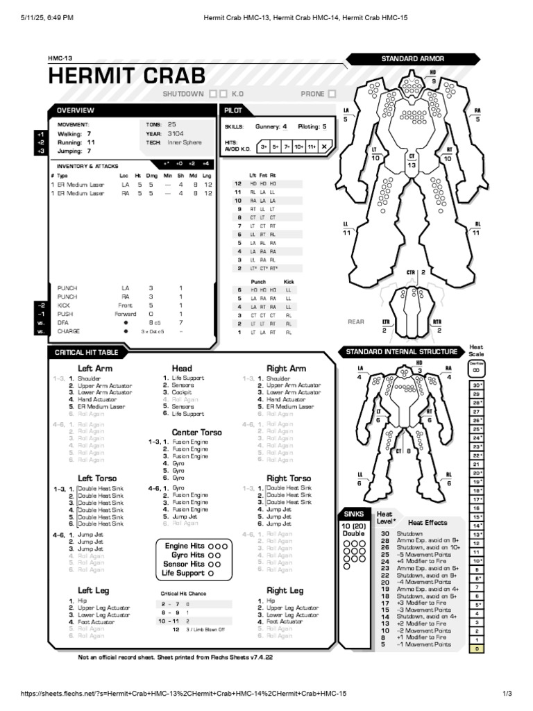 BattleTech Record Sheets (Flechs) : Hermit Crab | PDF