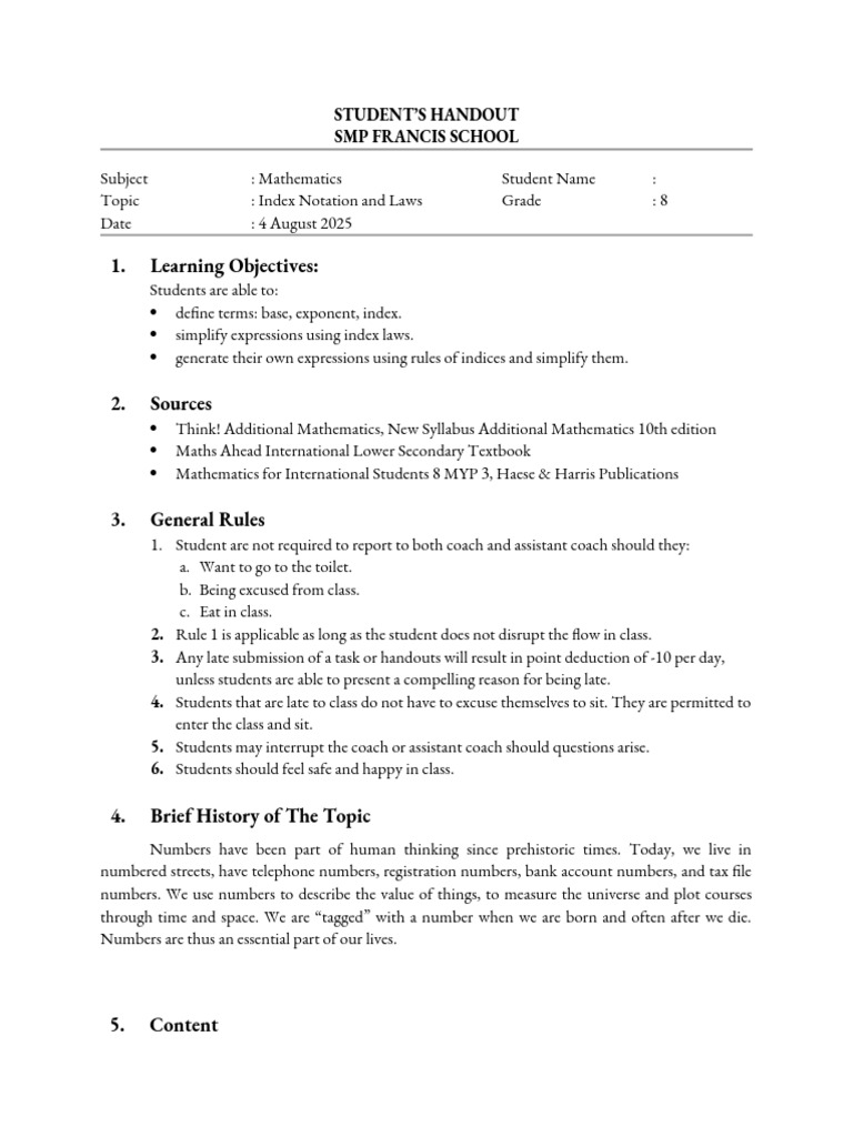 Index Notation and Laws for Grade 8 | PDF | Mathematics | Celsius