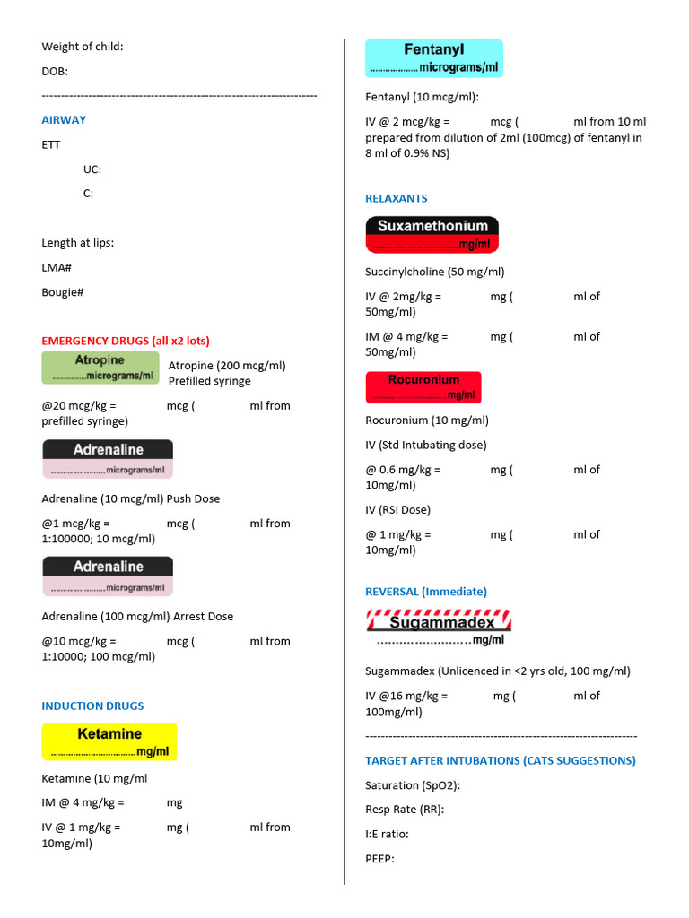 Intubation Medications Cheat Sheet | PDF | Drugs | Anesthesia