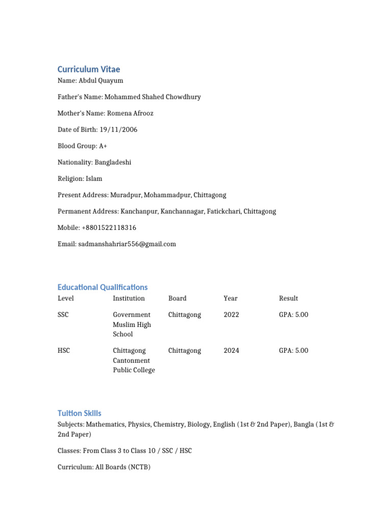 Abdul Quayum's Teaching CV | PDF