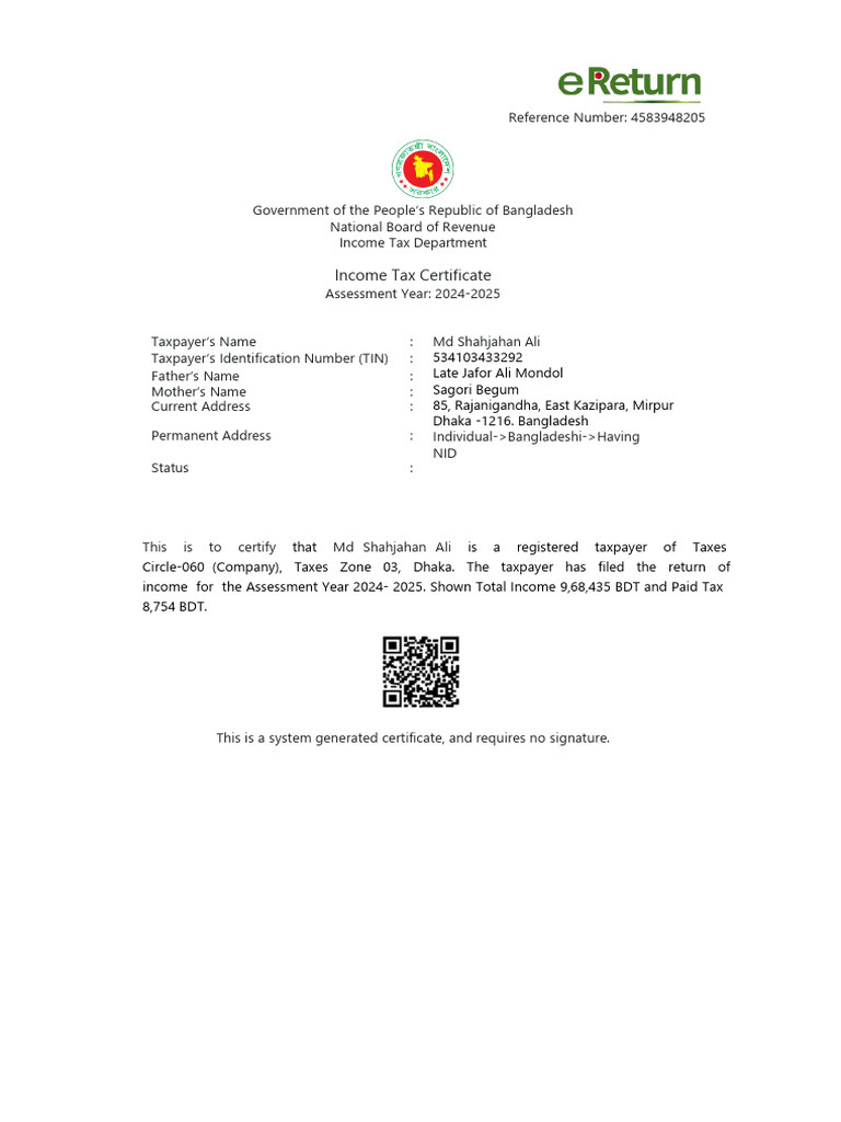 Applicant Father Tax Certificate 2024 2025 | PDF