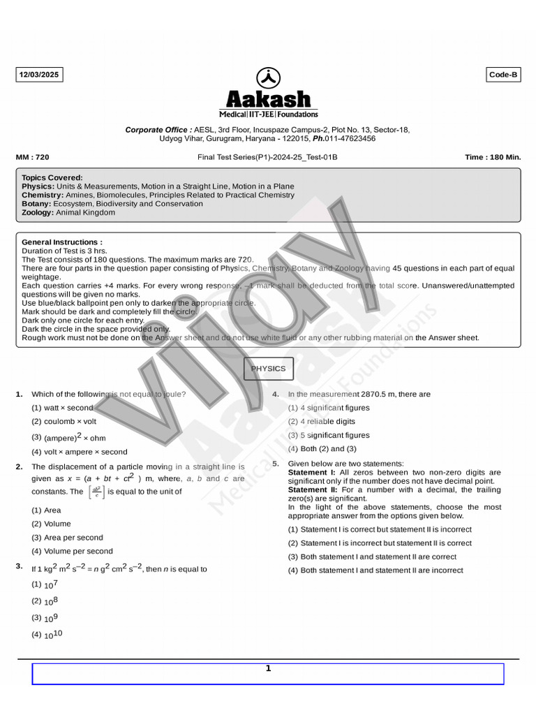 Fts 1 Code b Viju Phase 1 Que @Cet_jee_neet | PDF