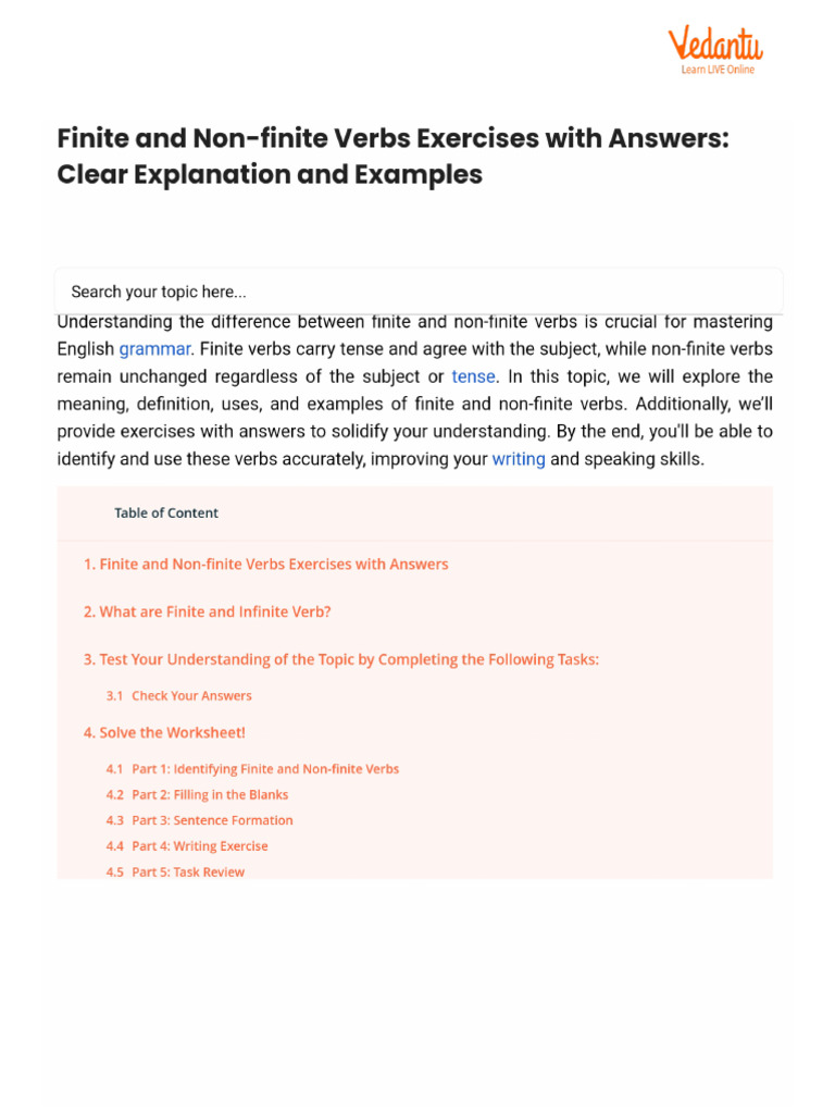 Finite and Non-finite Verbs Exercises With Answers_ Clear Explanation and Examples | PDF