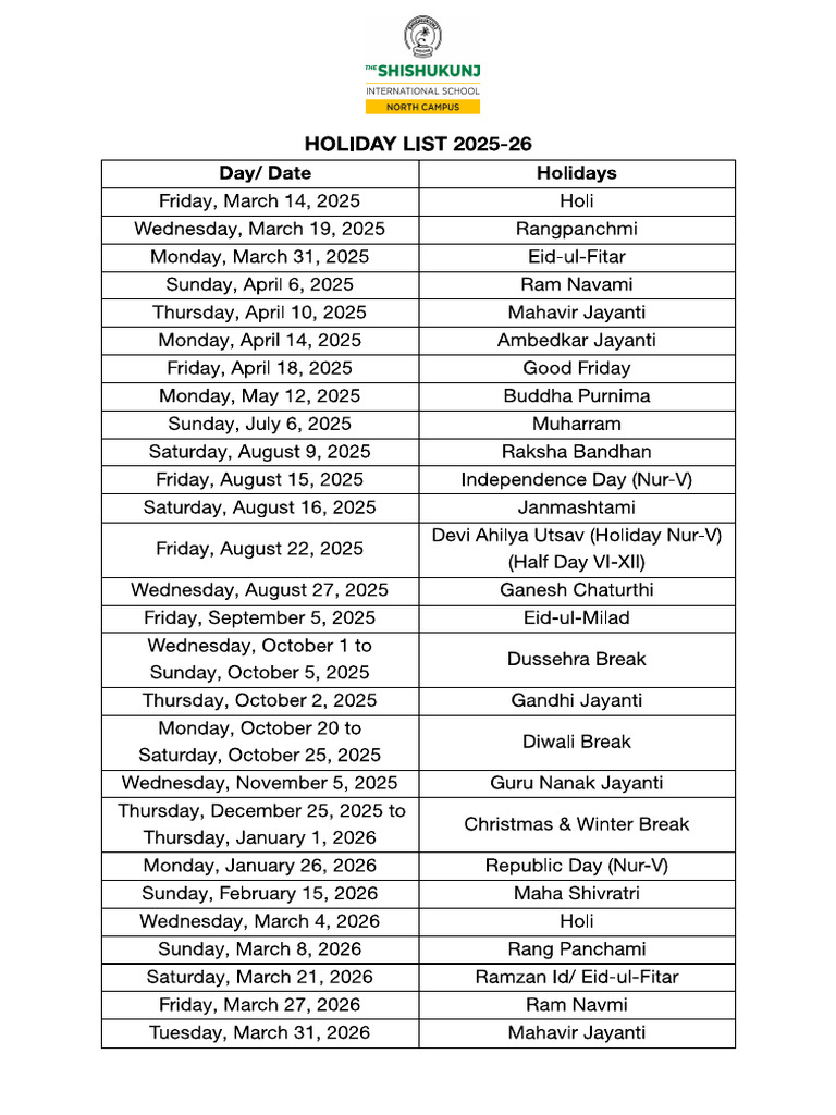 Holiday List 25 26 | PDF