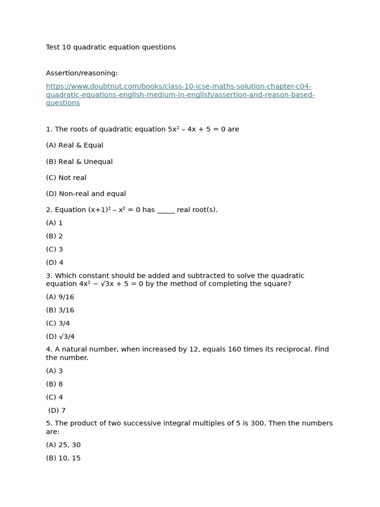 Test 10 Quadratic Equation Questions | PDF | Quadratic Equation ...