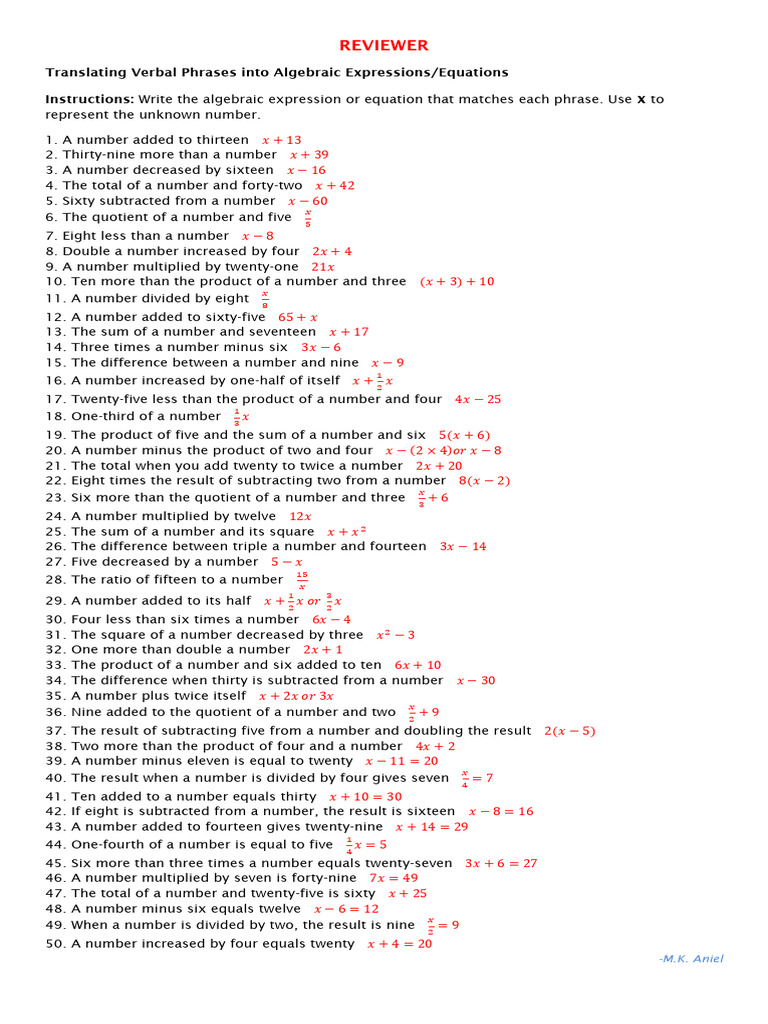 Translating Verbal Expressions Reviewer | PDF | Numbers | Mathematics