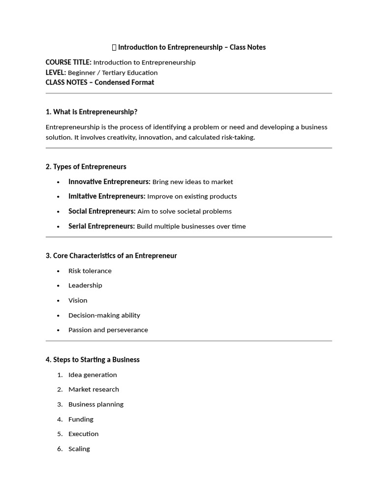 Intro to Entrepreneurship Class Notes | PDF