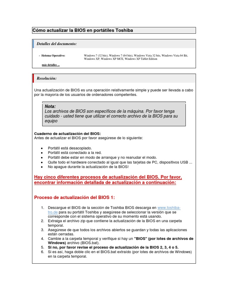 Cómo Actualizar La BIOS en Portátiles Toshiba | PDF | Bios | Microsoft Windows