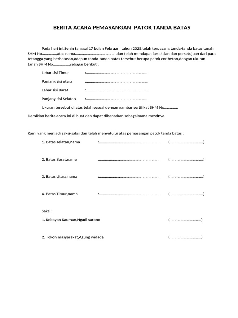 Berita Acara Pemasangan Patok Tanda Batas | PDF