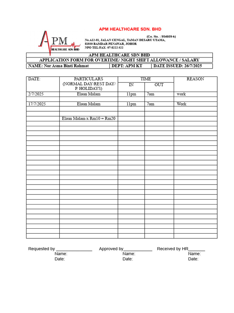 Overtime/Night Shift Allowance Form | PDF