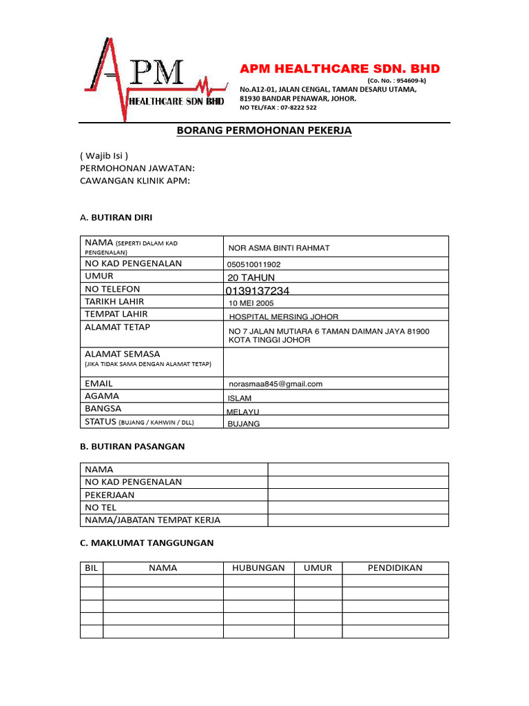 Borang Maklumat Kerja Healthcare | PDF
