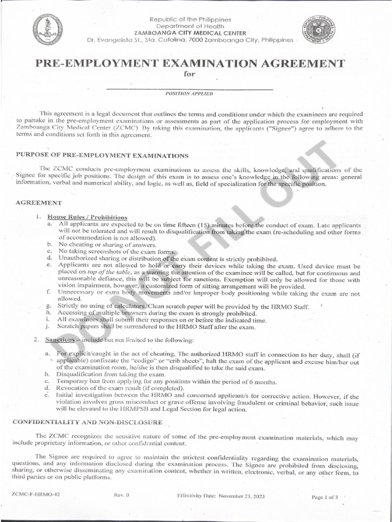 Pre-Employment Exam Agreement Form | PDF