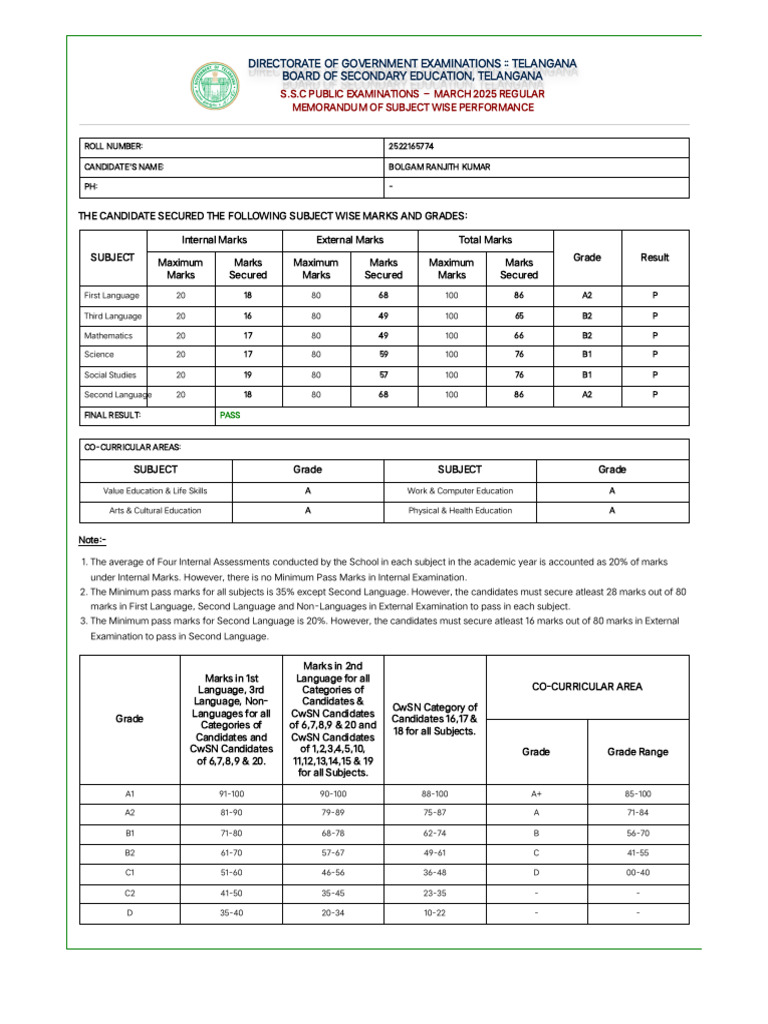 Telangana SSC Memo 2025 Results | PDF | Qualifications | Student ...