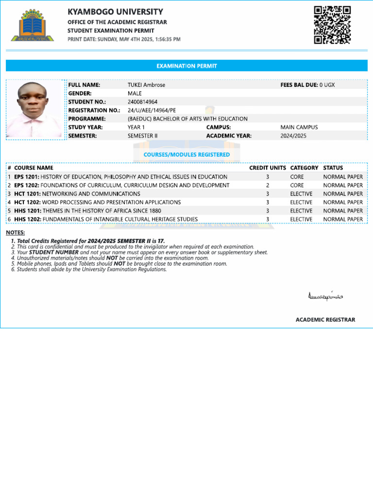 Tukei Ambrose Examination Permit | PDF