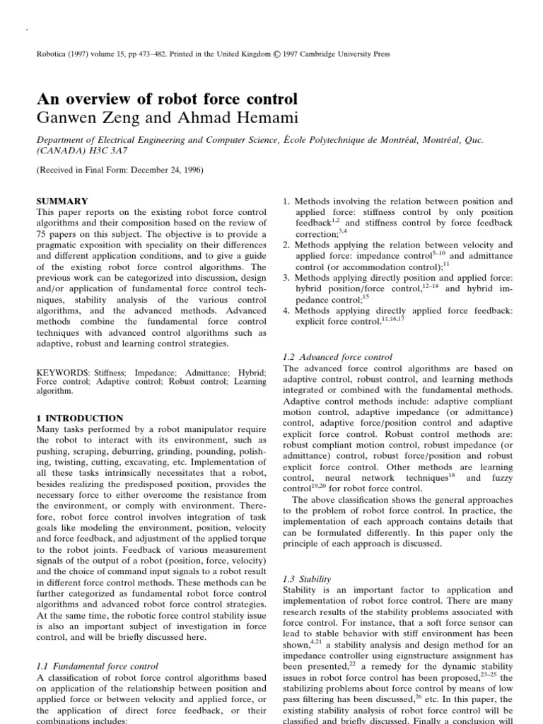 Zeng (1997) An Overview of Robot Force Control | PDF | Control Theory ...