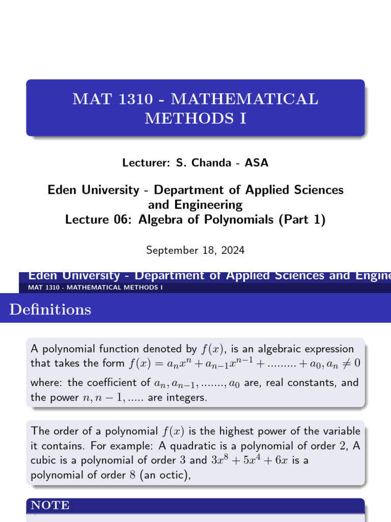Lecture 6 Algebra of Polynomials Part 1 | PDF | Polynomial | Subtraction