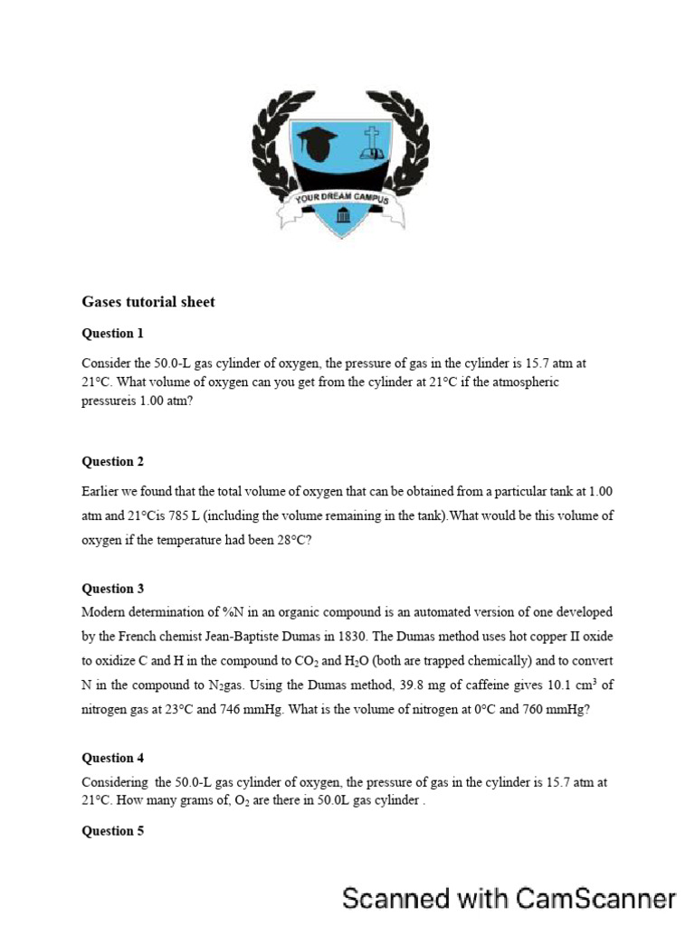 CHEM Gases Tutorial Sheet | PDF