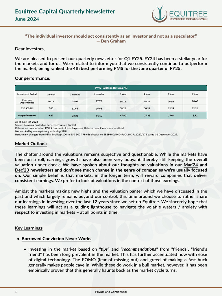 Equitree Capital Q1 FY25 Newsletter | PDF | Investing | Benjamin Graham