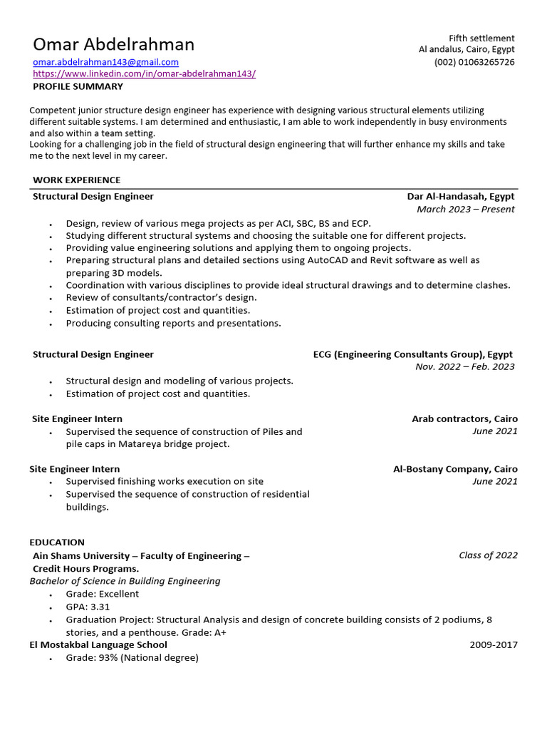 Junior Structural Design Engineer Resume | PDF | Engineering