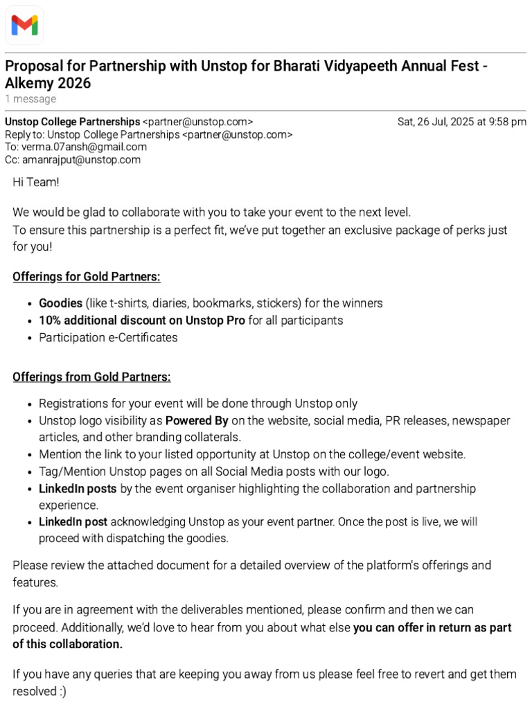 Gmail - Proposal For Partnership With Unstop For Bharati Vidyapeeth ...