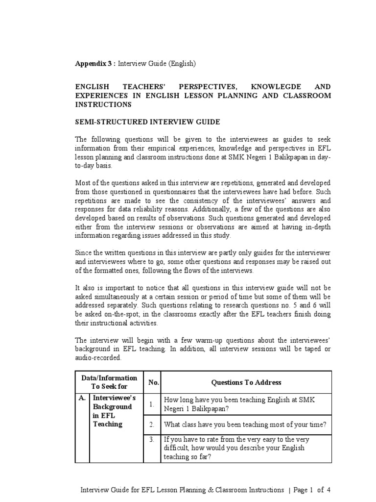 Appendix 3 Interview Guide Pdf Lesson Plan Interview 