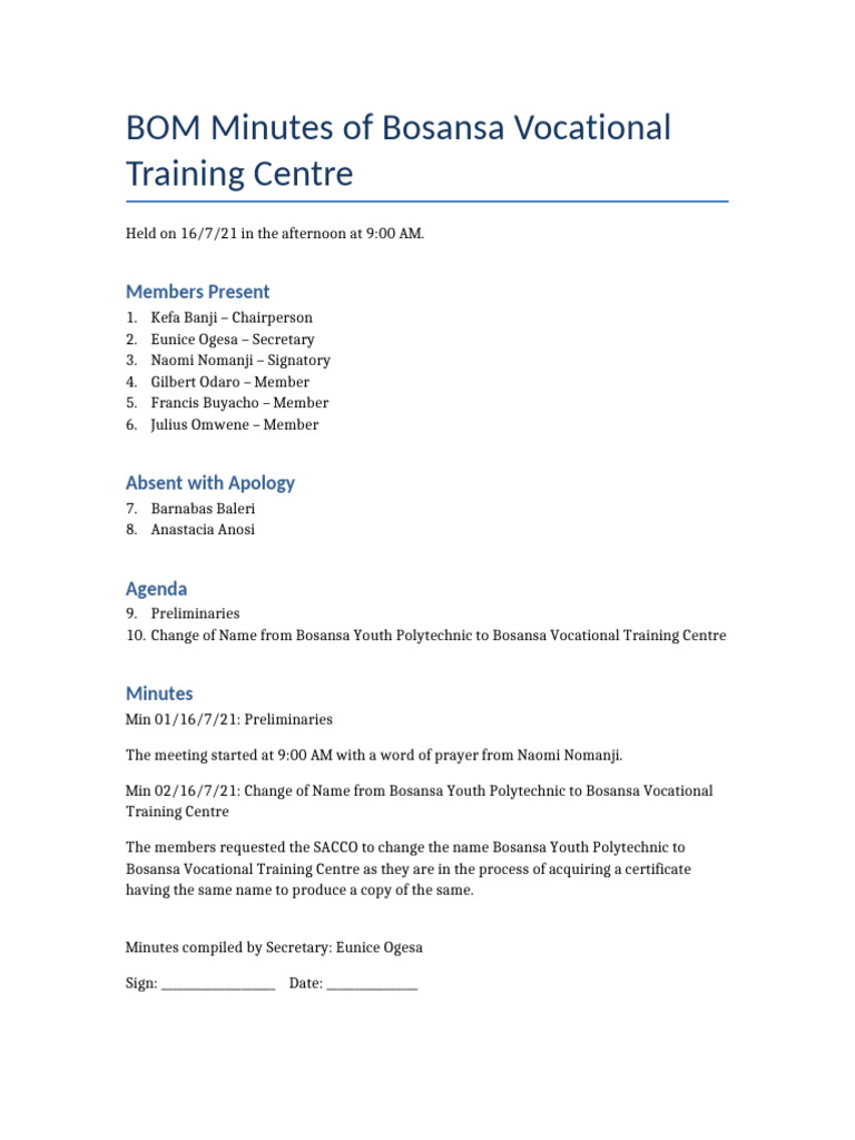 BOM Minutes Bosansa Vocational Training Centre | PDF