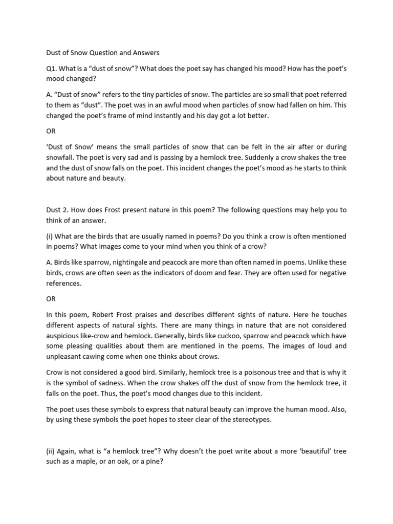 Dust of Snow & Fire and Ice (Ques-Ans) | PDF | Greed | Trees