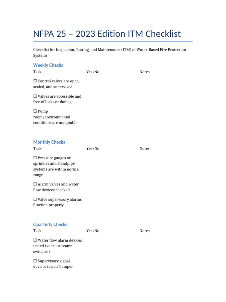 NFPA 25 2023 ITM Checklist | PDF
