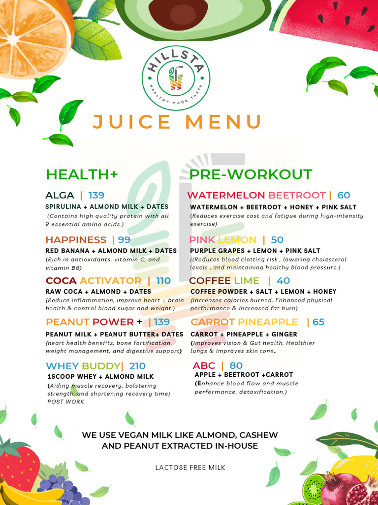 Juicery 99 Health-Focused Drink Menu | PDF