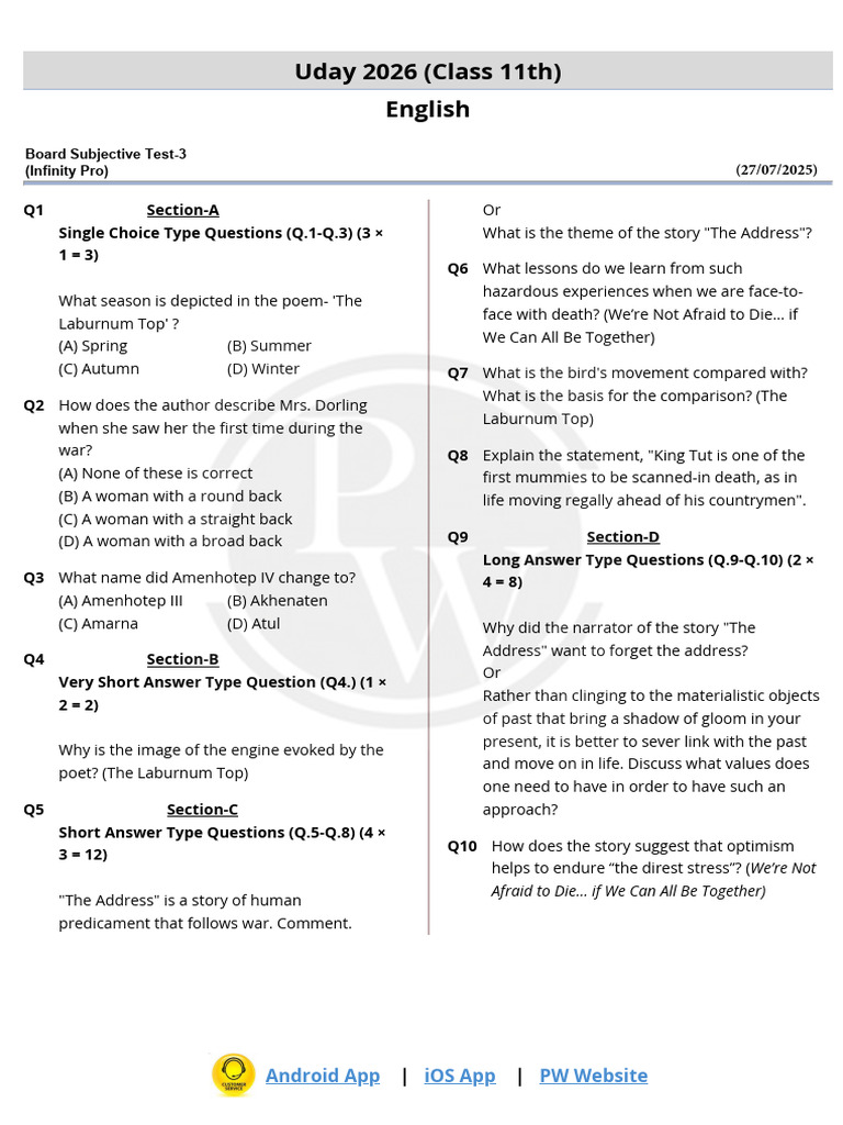 Class 11 English Board Test 3 Questions | PDF | Akhenaten | Amarna Period