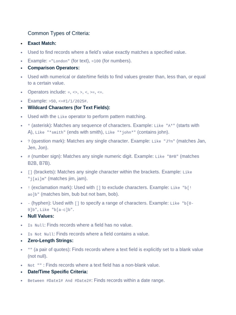 Types of Query Criteria Explained | PDF