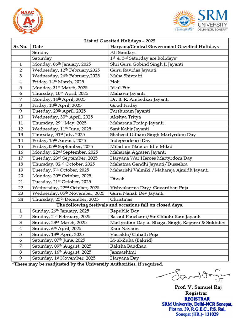 List of Gazetted Holidays 2025 For SRM University Delhi-NCR, Sonepat | PDF | Indian Religions ...