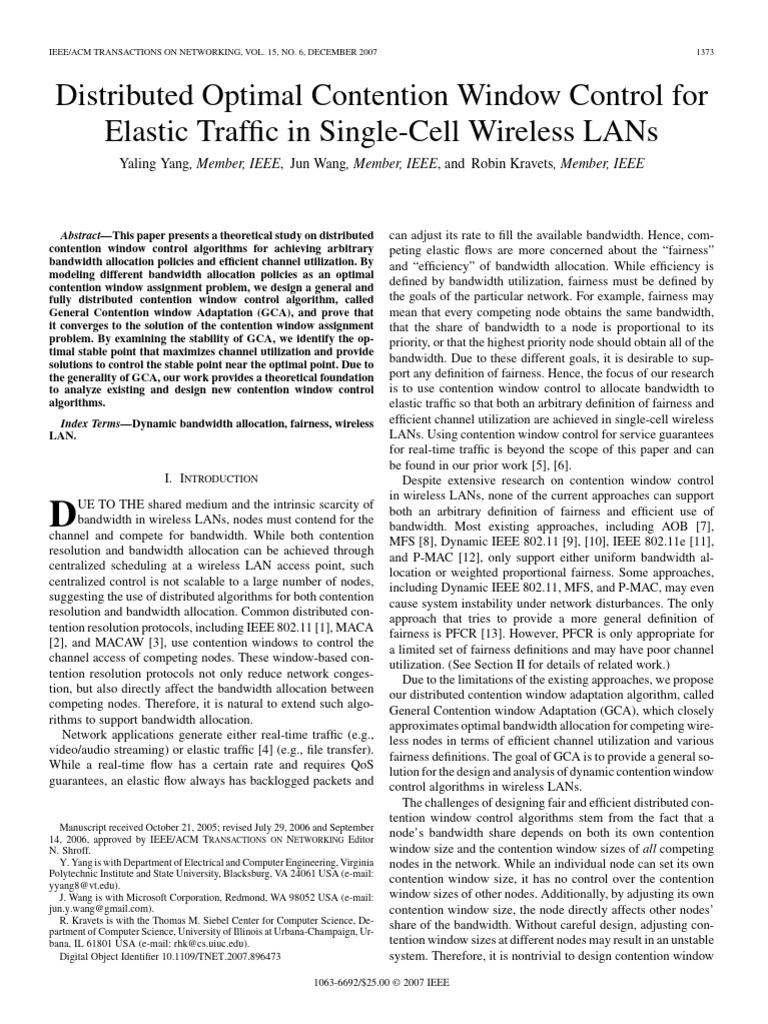 Distributed Optimal Contention Window Control for Elastic Traffic in Single-Cell Wireless LANs ...