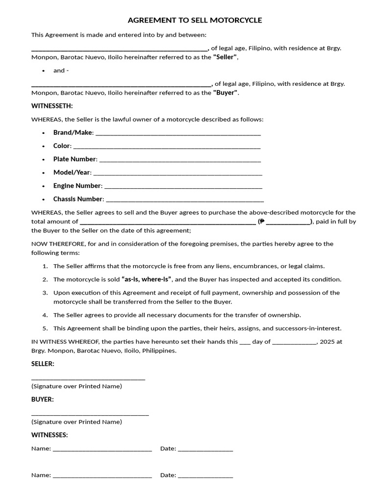 Motorcycle Sale Agreement Template | PDF