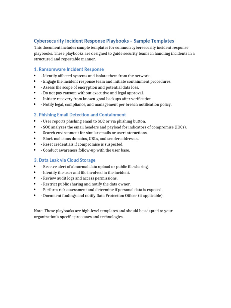 Cybersecurity Incident Response Playbooks | PDF