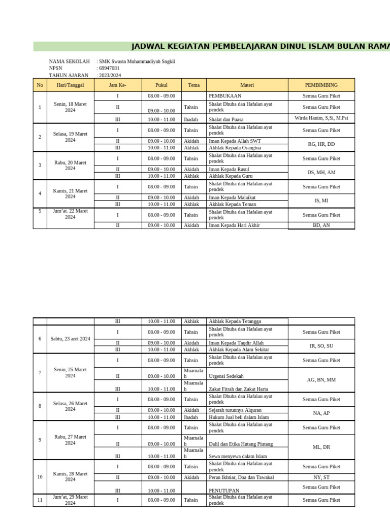 Jadwal Kegiatan Pembelajaran Dinul Islam 1445 h | PDF